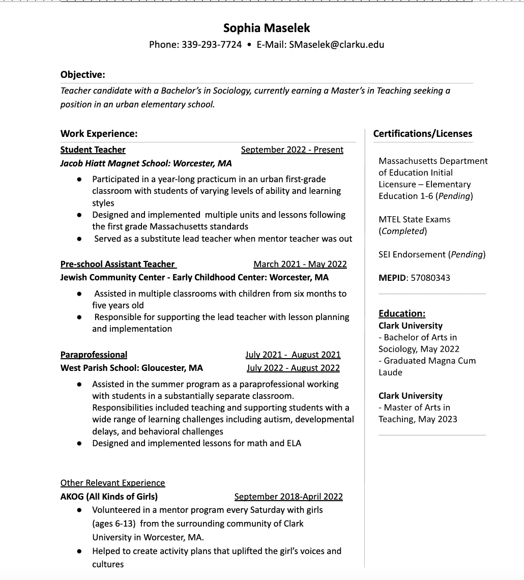 Resume Sophia Maselek 2023 MAT Portfolio Resume Sophia Maselek 2023 MAT Portfolio